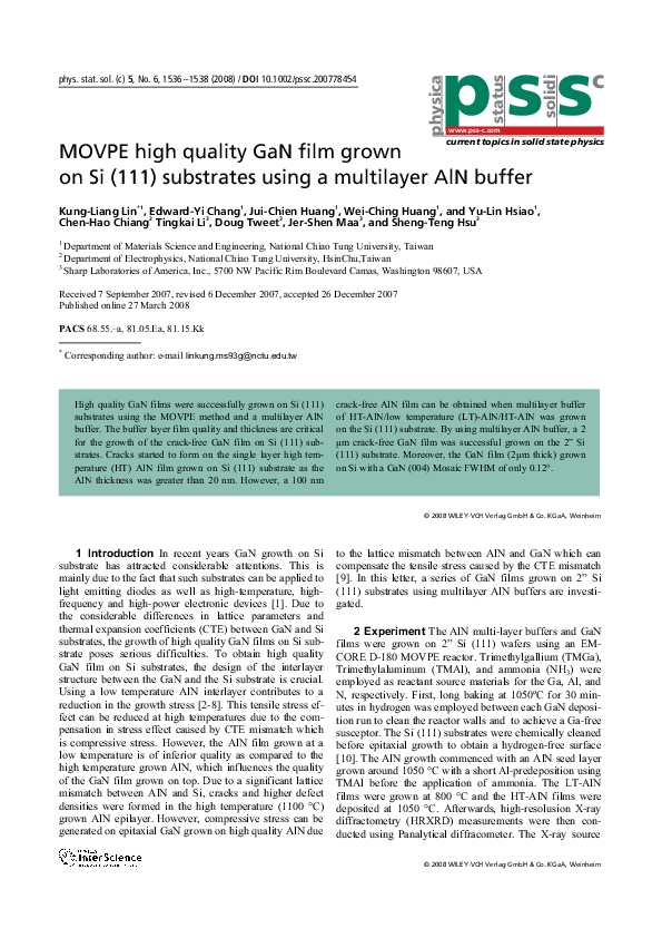 (PDF) MOVPE high quality GaN film grown on Si (111) substrates using a ...