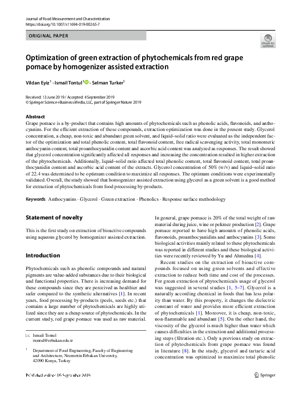(PDF) Optimization of green extraction of phytochemicals from red grape pomace by homogenizer ...