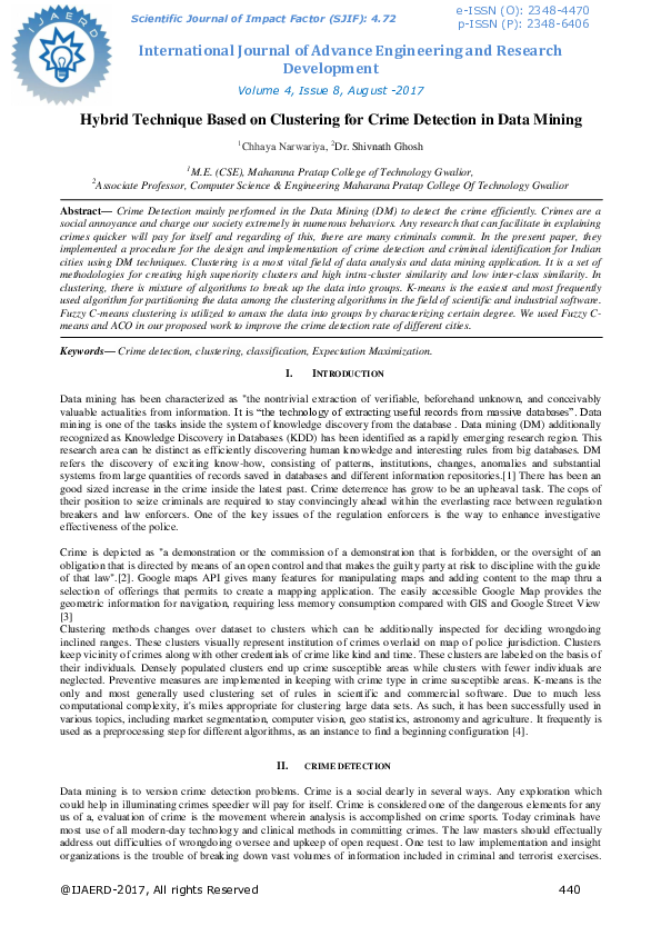 Pdf Hybrid Technique Based On Clustering For Crime Detection In Data Mining