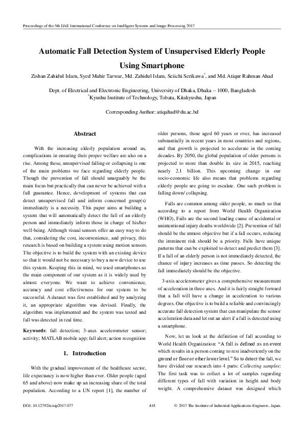 (PDF) Automatic Fall Detection System of Unsupervised Elderly People Using Smartphone