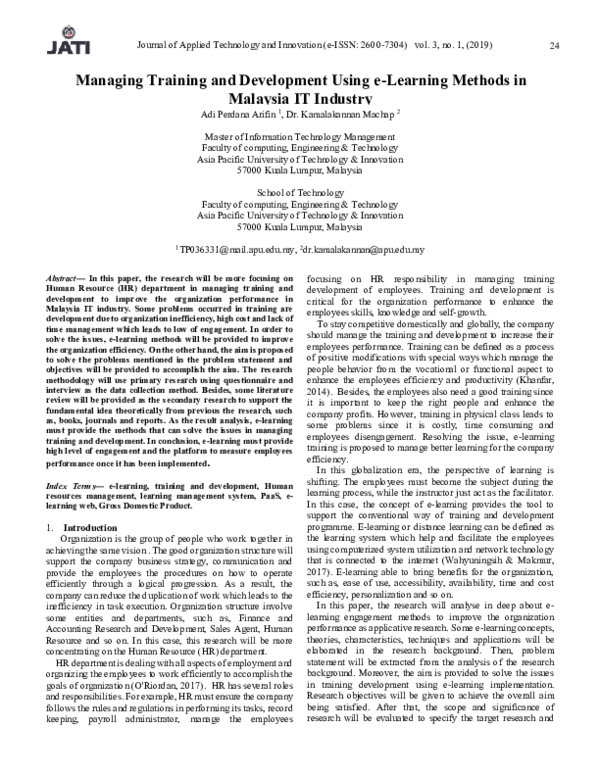 (PDF) Managing Training and Development Using e-Learning Methods in Malaysia IT Industry