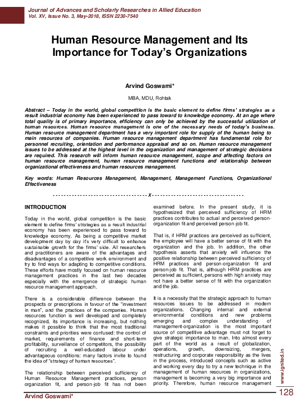 (PDF) Human Resource Management and Its Importance for Today’s ...