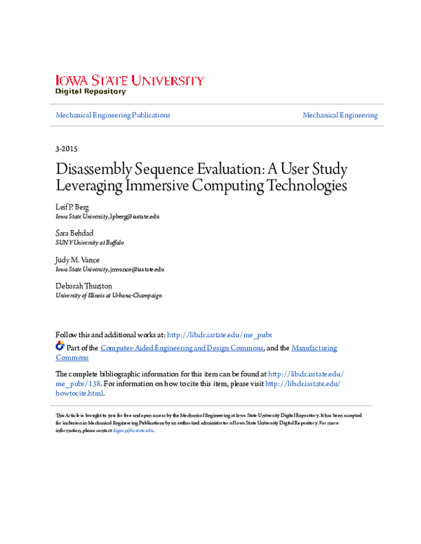 (PDF) Evaluating Disassembly Sequences Using Immersive Computing