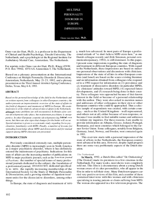 (PDF) Multiple personality disorder in Europe: Impressions