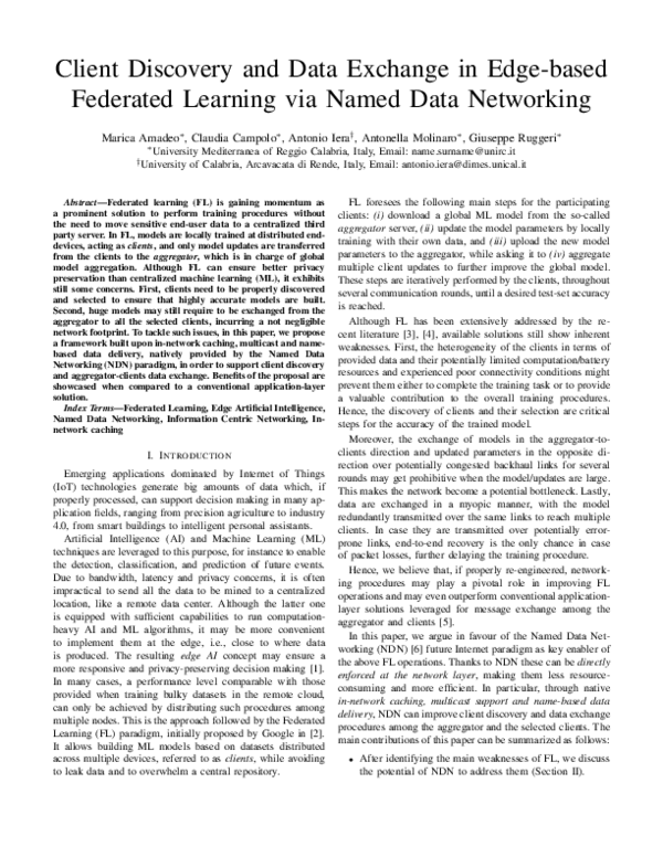 (PDF) Client Discovery and Data Exchange in Edge-based Federated Learning via Named Data Networking