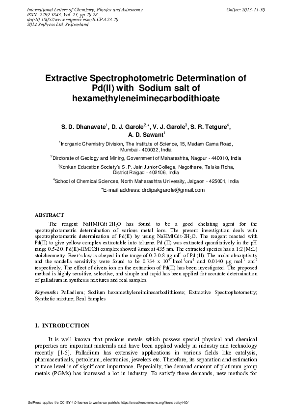 Pdf Extractive Spectrophotometric Determination Of Pd Ii With Sodium Salt Of
