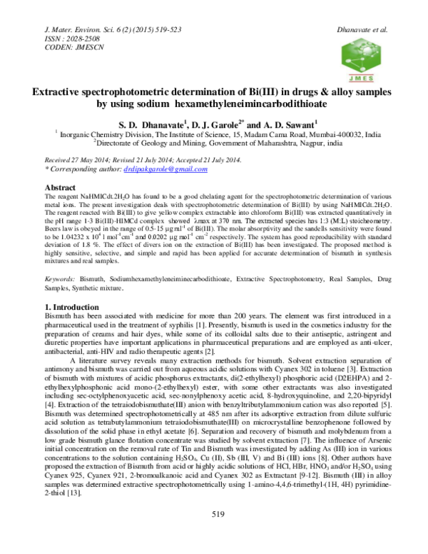 Pdf Extractive Spectrophotometric Determination Of Bi Iii In Drugs And Alloy Samples By Using