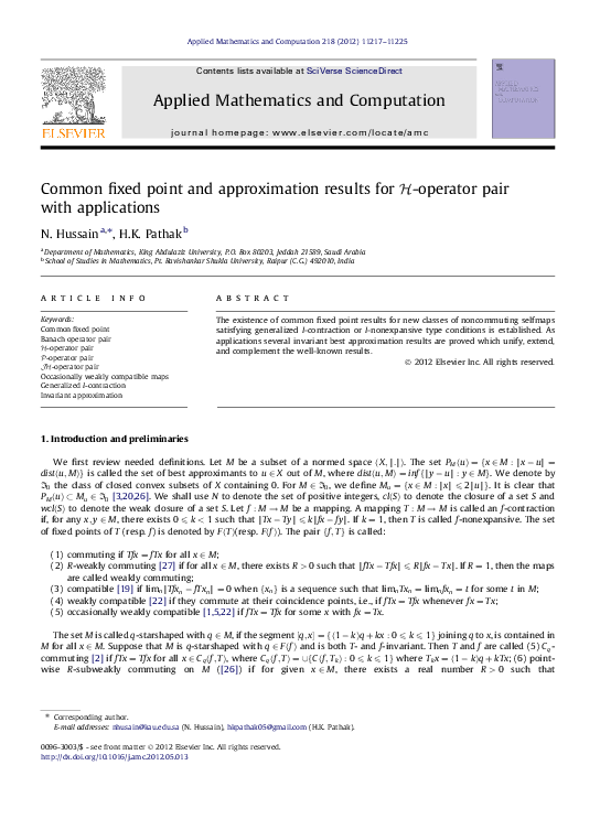 (PDF) Common fixed point and approximation results for -operator pair with applications | Abdul ...