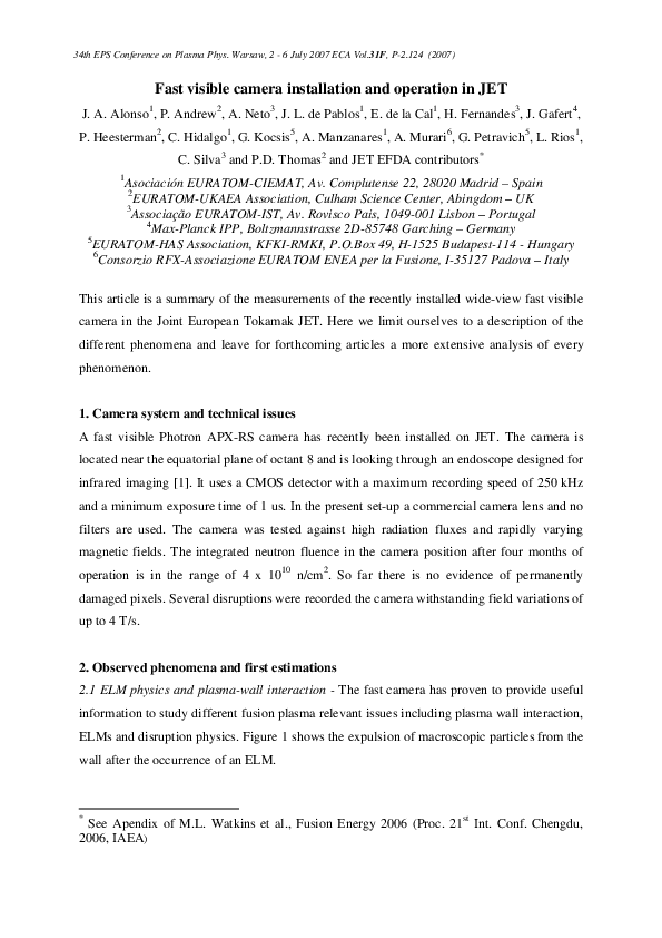 (PDF) Fast visible camera installation and operation in JET | Juergen ...