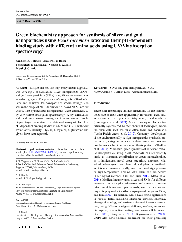 (PDF) Green biochemistry approach for synthesis of silver and gold nanoparticles using Ficus ...