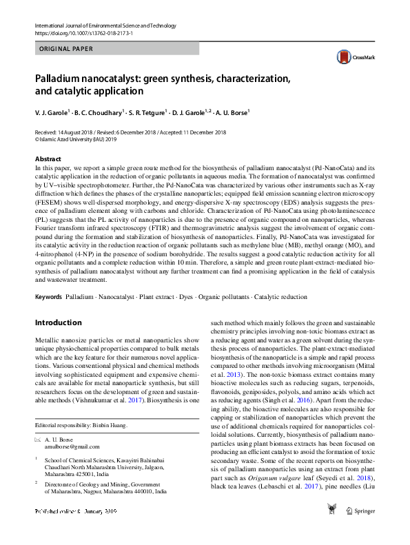 Pdf Palladium Nanocatalyst Green Synthesis Characterization And Catalytic Application