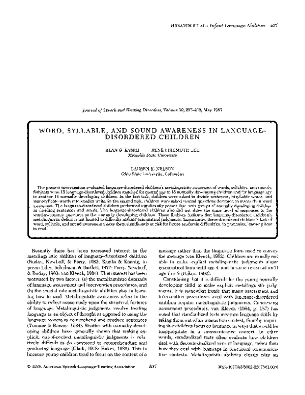 (PDF) Word, Syllable, and Sound Awareness in Language-Disordered Children