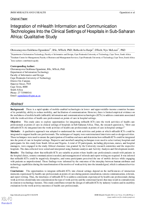 (PDF) Integration of mHealth Information and Communication Technologies Into the Clinical ...