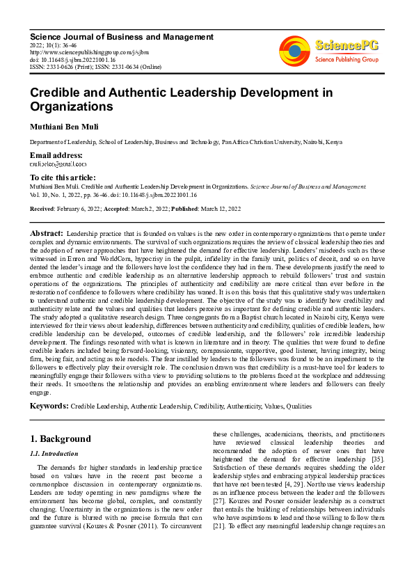 (PDF) Credible and Authentic Leadership Development in Organizations