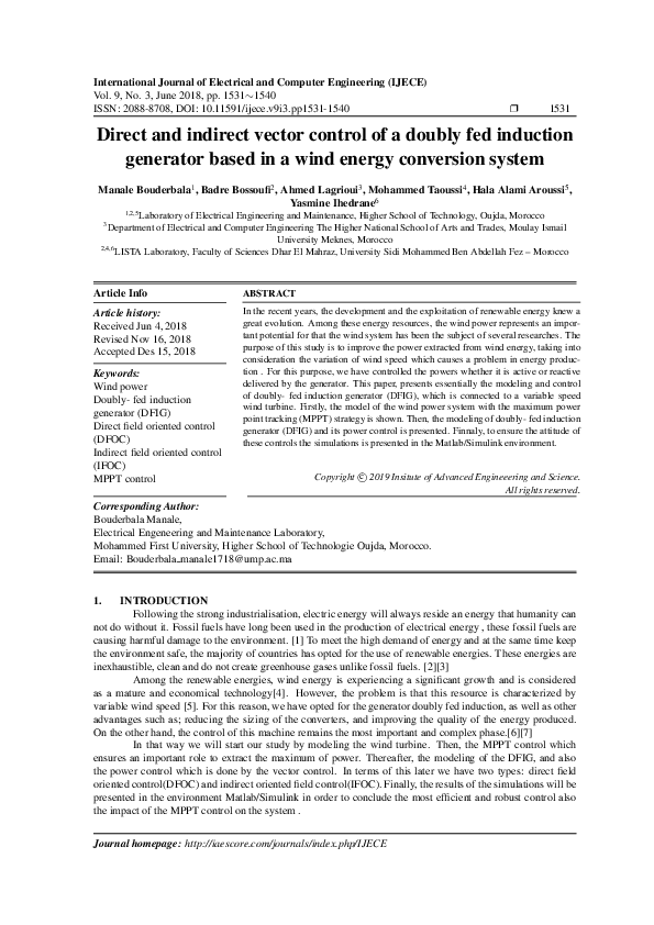 Pdf Direct And Indirect Vector Control Of A Doubly Fed Induction