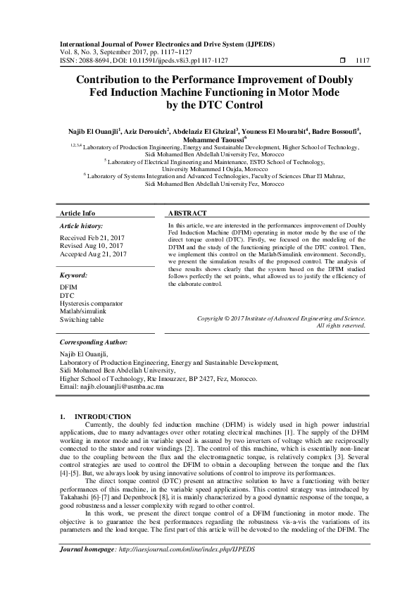 Pdf Contribution To The Improvement Of The Performances Of Doubly Fed Induction Machine