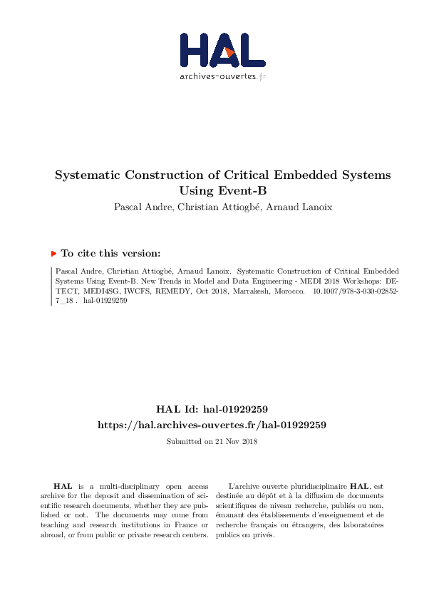 (PDF) Systematic Construction of Critical Embedded Systems Using Event-B