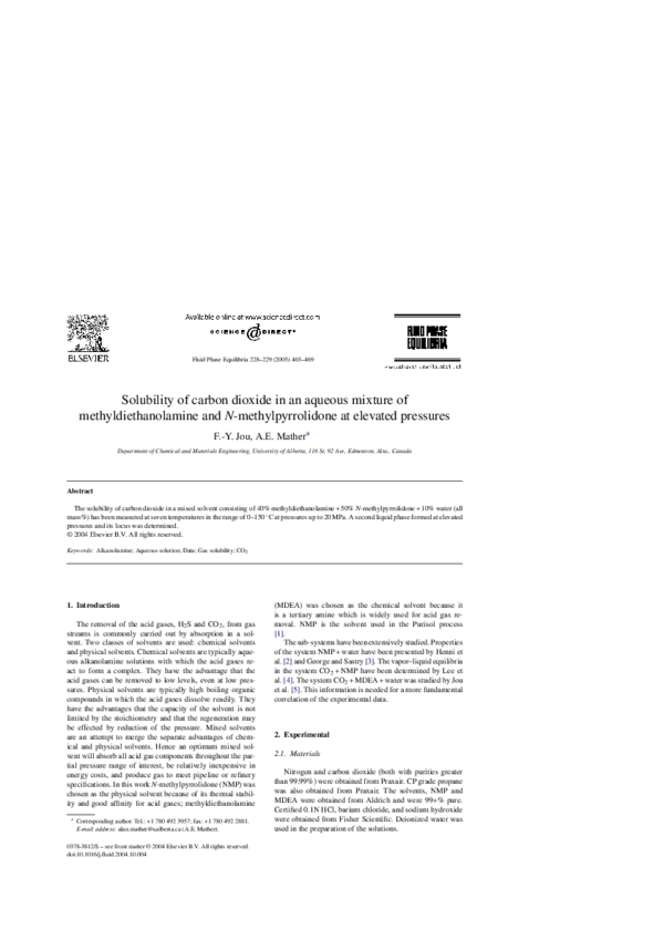 (PDF) Solubility of carbon dioxide in an aqueous mixture of methyldiethanolamine and N ...