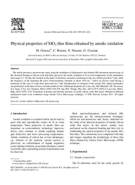 (PDF) Physical properties of SIO2 thin films obtained by anodic oxidation