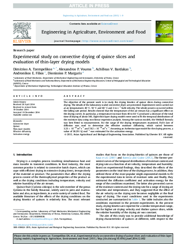 (PDF) Experimental study on convective drying of quince slices and evaluation of thin-layer ...
