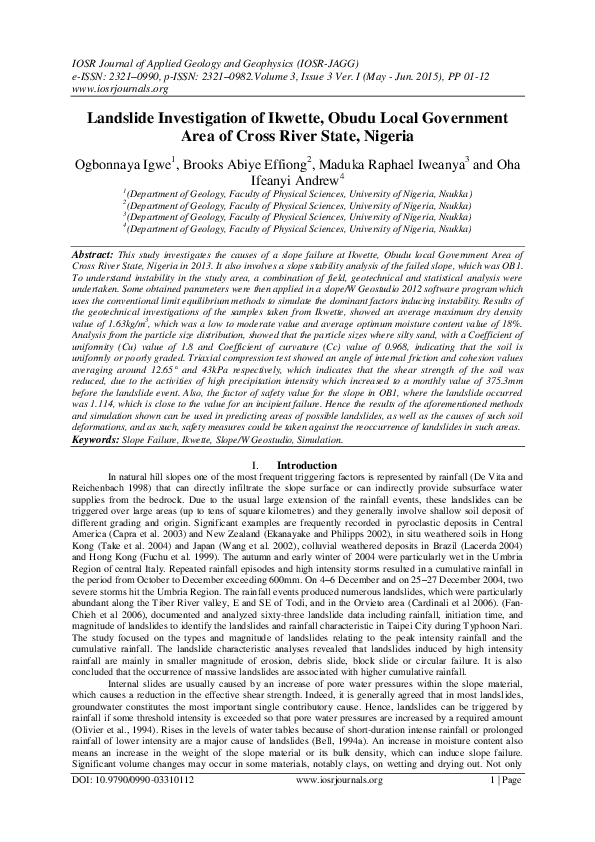 (PDF) Landslide Investigation of Ikwette, Obudu Local Government Area of Cross River State, Nigeria
