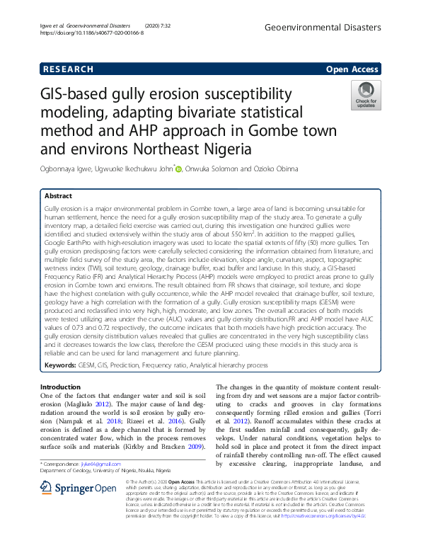 (PDF) GIS-based gully erosion susceptibility modeling, adapting bivariate statistical method and ...