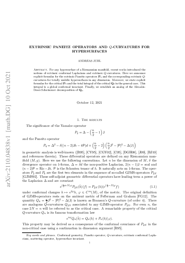 (PDF) Extrinsic Paneitz operators and Q-curvatures for hypersurfaces
