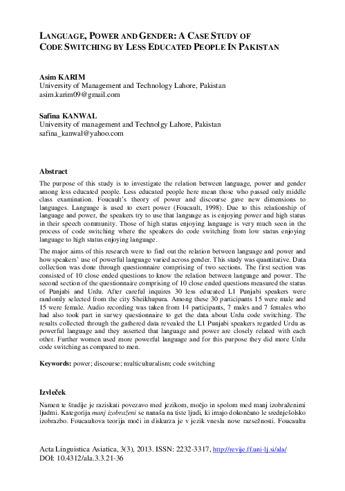 (PDF) Language, Power and Gender: A Case Study of Code Switching by ...