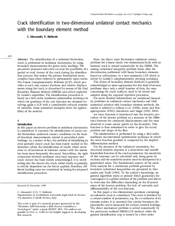 (PDF) Crack identification in two-dimensional unilateral contact mechanics with the boundary ...