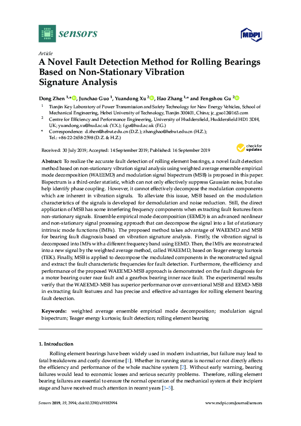 Pdf A Novel Fault Detection Method For Rolling Bearings Based On Non Stationary Vibration