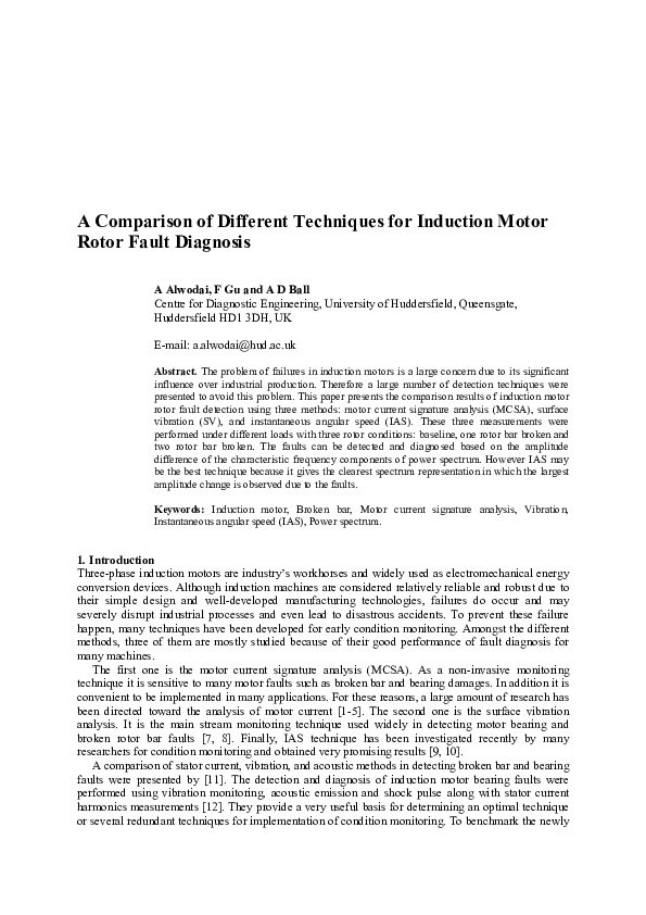 Pdf A Comparison Of Different Techniques For Induction Motor Rotor Fault Diagnosis
