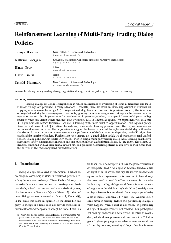 (PDF) Reinforcement Learning of Multi-Party Trading Dialog Policies ...