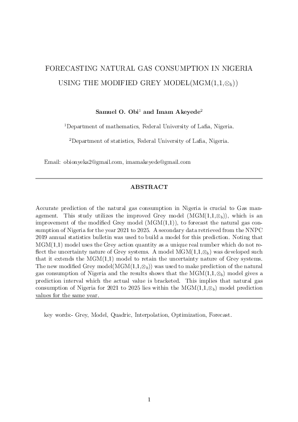 (PDF) FORECASTING NATURAL GAS CONSUMPTION IN NIGERIA USING THE MODIFIED GREY MODEL(MGM(1,1,⊗ b))