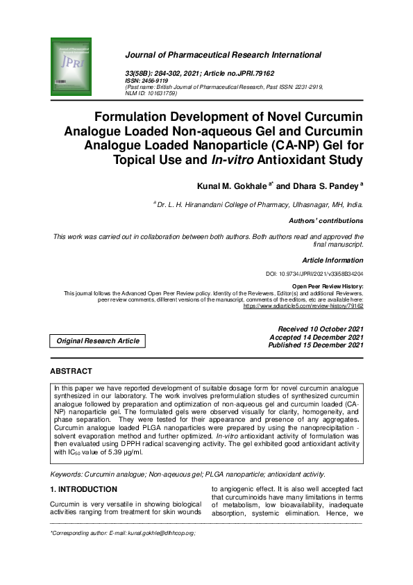 Pdf Formulation Development Of Novel Curcumin Analogue Loaded Non