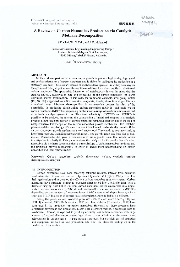 Pdf A Review On Carbon Nanotubes Production Via Catalytic Methane Decomposition