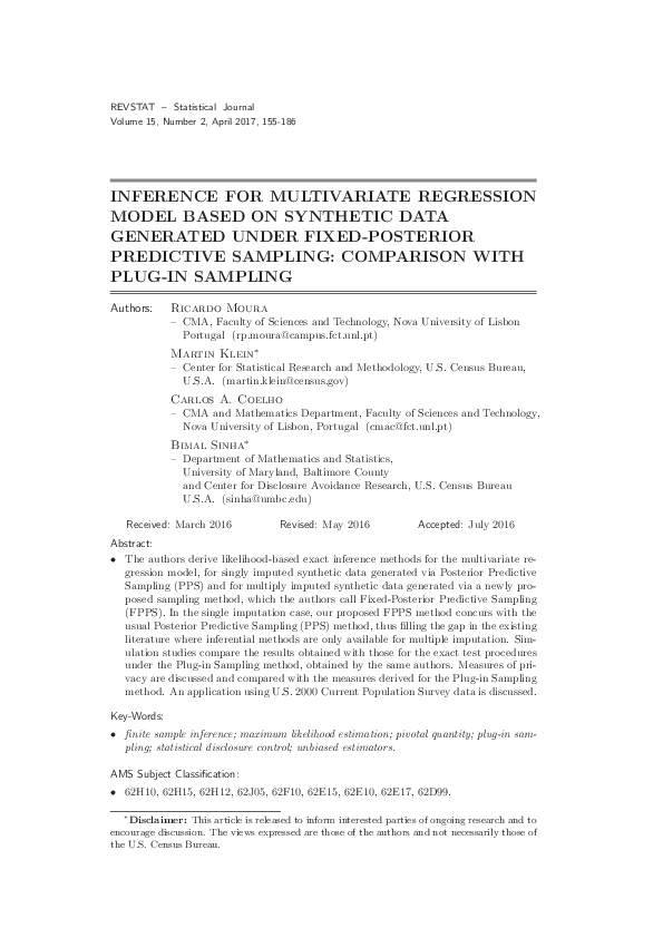 (PDF) INFERENCE FOR MULTIVARIATE REGRESSION MODEL BASED ON SYNTHETIC DATAGENERATED UNDER FIXED ...