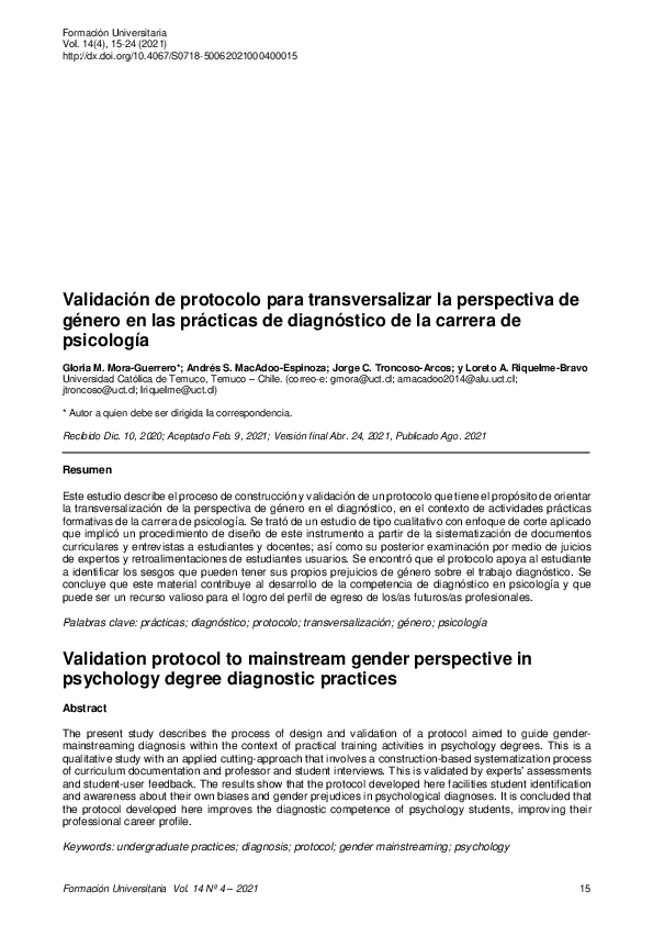 (PDF) Validación de protocolo para transversalizar la perspectiva de género en las prácticas de ...