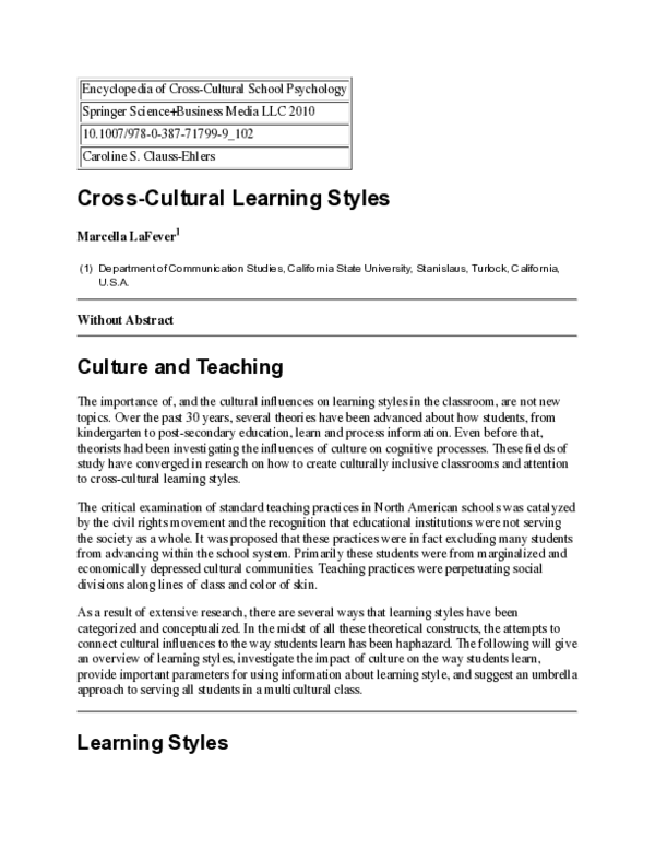 (PDF) Cross-Cultural Learning Styles