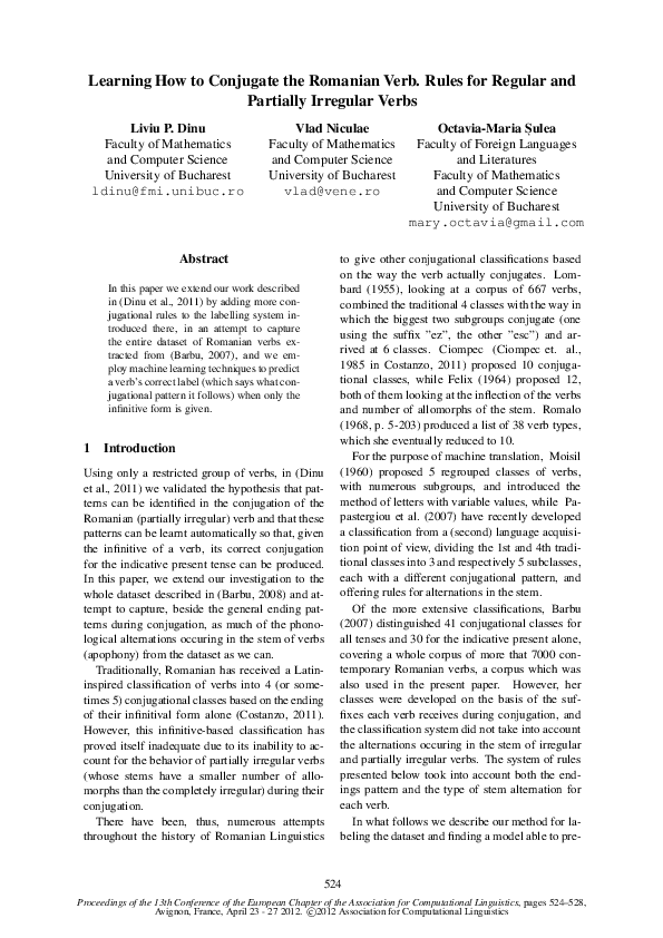 (PDF) Learning How to Conjugate the Romanian Verb. Rules for Regular ...