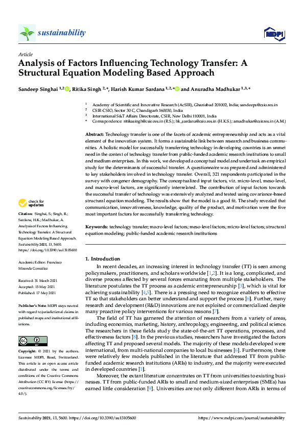 (PDF) Analysis of Factors Influencing Technology Transfer: A Structural Equation Modeling Based ...