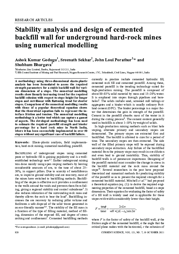 (PDF) Stability analysis and design of cemented backfill wall for ...