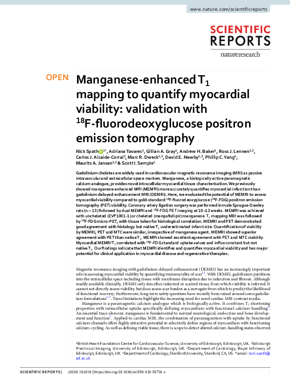 (PDF) Manganese-enhanced T1 mapping to quantify myocardial viability: validation with 18F ...