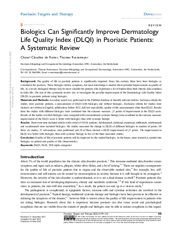(PDF) Biologics Can Significantly Improve Dermatology Life Quality ...
