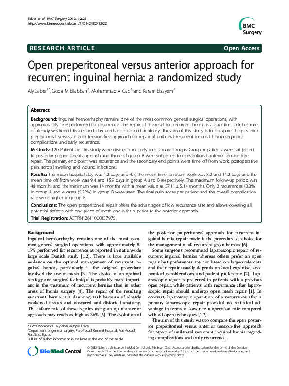 (PDF) Open preperitoneal versus anterior approach for recurrent inguinal hernia: a randomized ...