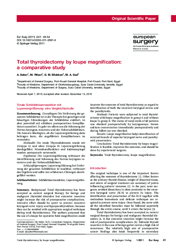 (PDF) Total thyroidectomy by loupe magnification: a comparative study | Mohammad Gad - Academia.edu