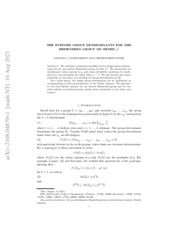 (PDF) The Integer group determinants for the Heisenberg group of order ...