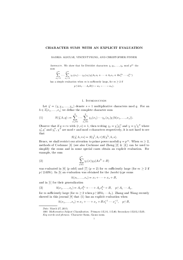 (PDF) Character sums with an explicit evaluation