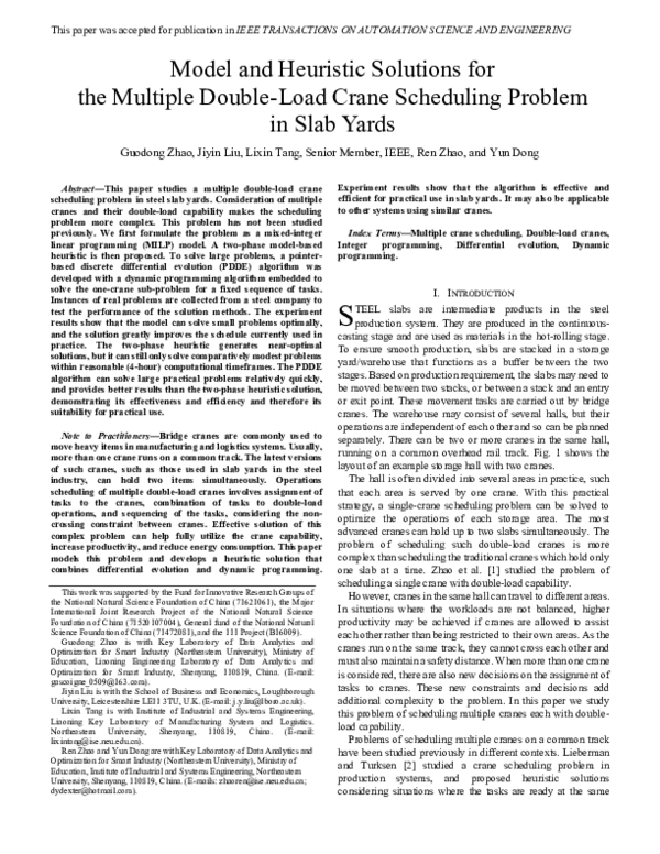 (PDF) Model and Heuristic Solutions for the Multiple Double-Load Crane Scheduling Problem in ...