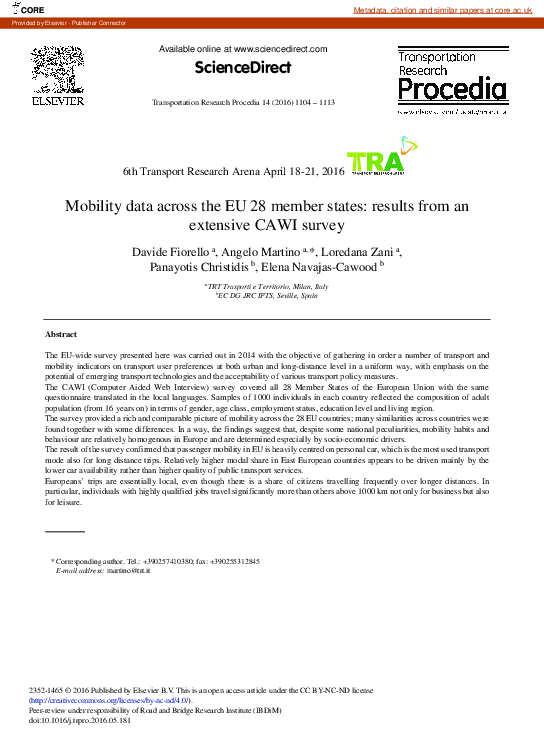 (PDF) Mobility Data across the EU 28 Member States: Results from an ...