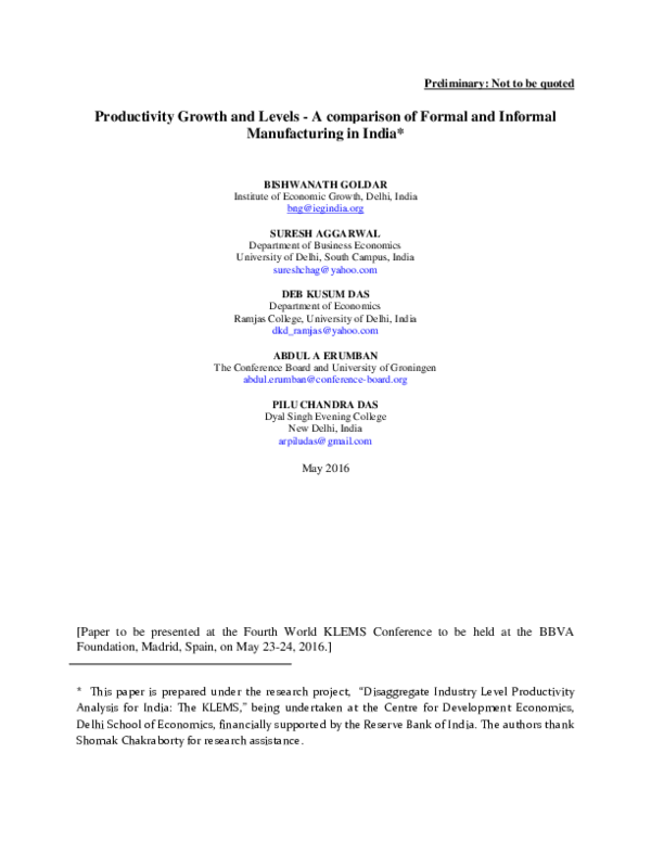 (PDF) Productivity Growth and Levels - A comparison of Formal and ...